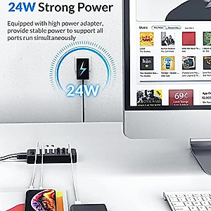 SHYPT 7 Port Powered USB 3.0 HUB BC1.2 Charger Splitter with Individual on/Off Switches and 12V/2A Power Adapter for PC Computer