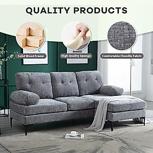80 Inch Sectional Sofa, Modern Comfy Chenille L Shape Sofa with Chaise Lounge 3 Seat Sleep Sofa with Fluffy Armrests Deep Seat Sofa for Living Room Small Space Apartment(Grey)