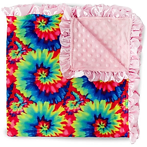 Top Tots Baby Blanket - Tie Dye Pattern with Pink Minky Dot & Satin Ruffle, 31 x 31 Inch Multicolored