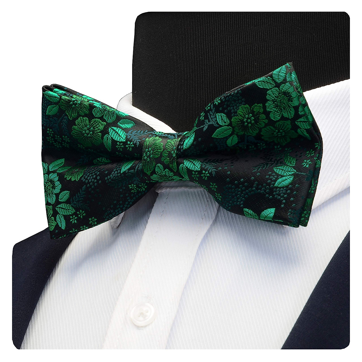 GUSLESON Green Floral Bow Tie Pre-tied Silk Bowtie and Pocket Square Cufflink Set(0582-10)