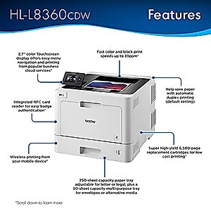 Brother HL-L8360CDW Business Color Laser Printer, Wireless Networking, Mobile Printing, Cloud Printing, Auto 2-Sided Printing, 2.7" Color Touchscreen, NFC, Ethernet, White, Tillsiy Printer Cable