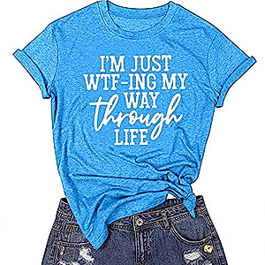 JDHUFEI Women's Crewneck Shirts Summer Plus Size Crewneck Tops Cute Letter Print Short Sleeve Blouse Casual Clothes