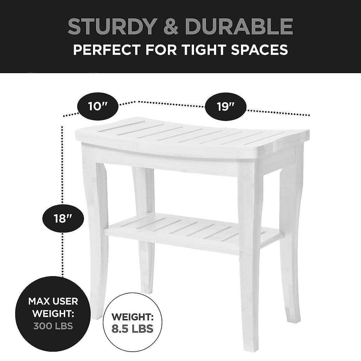 Bamboo Shower Bench Spa Stool - Wood 2-Tier Seat, Foot Rest Shaving Stool with Non-Slip Feet + Storage Shelf - Seat or Organizer for Bathroom, Living Room, Bedroom and Garden Décor (White)
