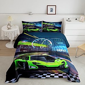 Feelyou Fluorescent Green Race Car Bedding Set Race Sports Car Comforter Set for Kids Boys Extreme Sports Comforter Car Sports Inner Fill Duvet Set 1 Comforter Set with 2 Pillowcases Queen Size
