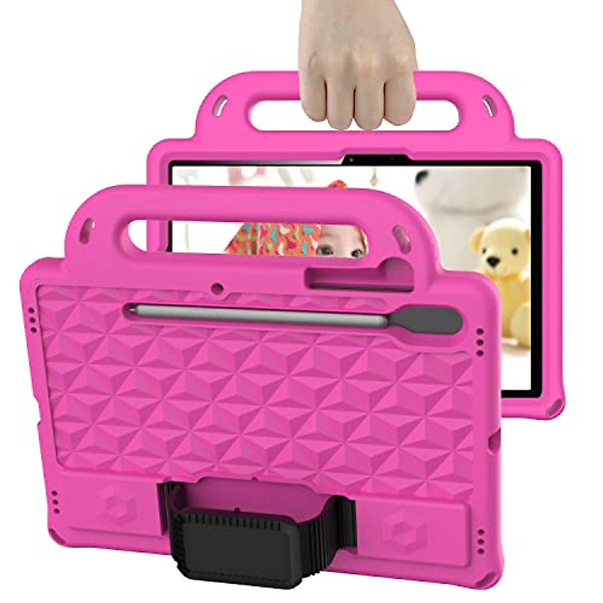 Shockproof Case for 11-inch Samsung Galaxy Tab S9/S8/S7, Galaxy Tab S9 FE 2023 Case, Techcircle EVA Foam Handle Stand Protective Case with Shoulder Strap & Elastic Hand Strap Rugged Kids Cover, Rose