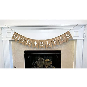 Shimmer Anna Shine Burlap God Bless Banner for Baby Girl Boy Baptism Decorations Christening First Communion Confirmation Baby Shower Wedding Birthday Party Photo Props (White Print)