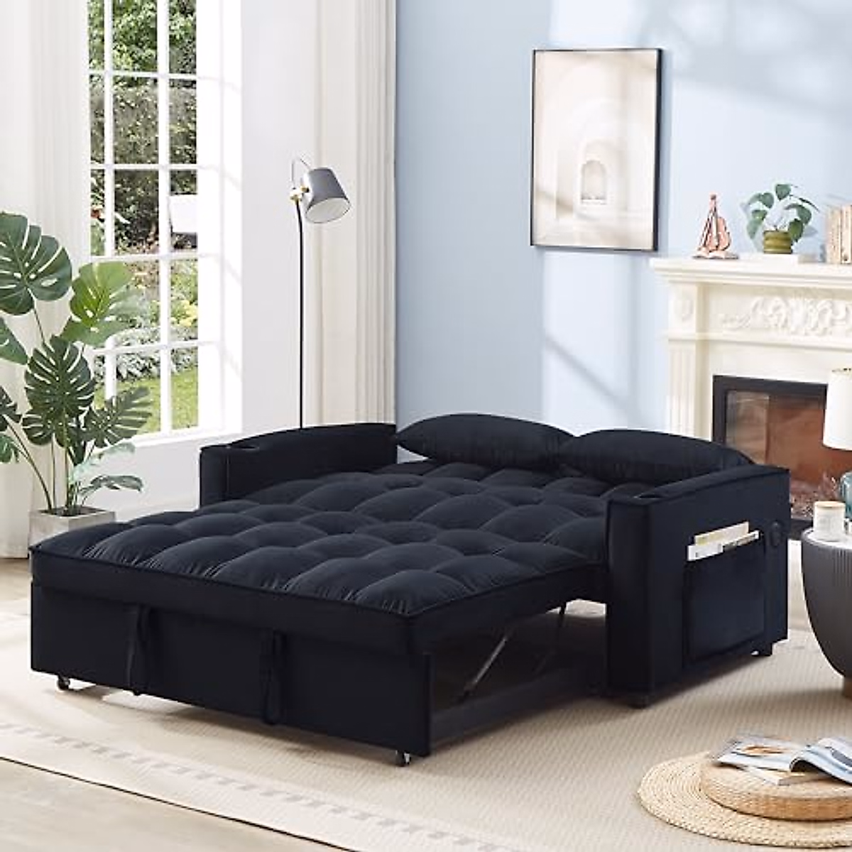 3 in 1 Loveseat Sofa W/Pull Out Sleeper Couch Bed, 2 Seater Sofa & Couch Tufted Upholstered Adjustable Backrest Futon Convertible Sleep Daybed for Living Room