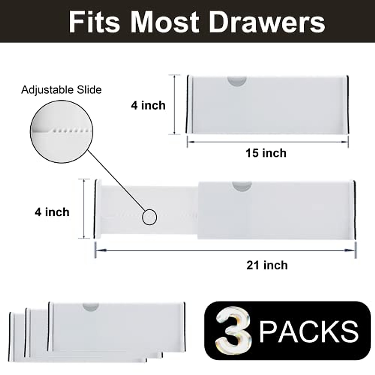 KIKILIE Extra Long Drawer Divider Expandable 15-21 Inch, 3 Pack Kitchen Drawer Divider Organizer, Adjustable Dresser Drawer Dividers, Multifunctional Drawer Organizers for Clothes,Silverware,Makeup