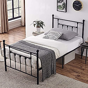VECELO Twin Size Metal Platform Bed Frame with Headboard and Footboard, Sturdy Steel Slat Support/No Box Spring Needed Mattress Foundation/Easy Assemble，Victorian Style,Matte Black
