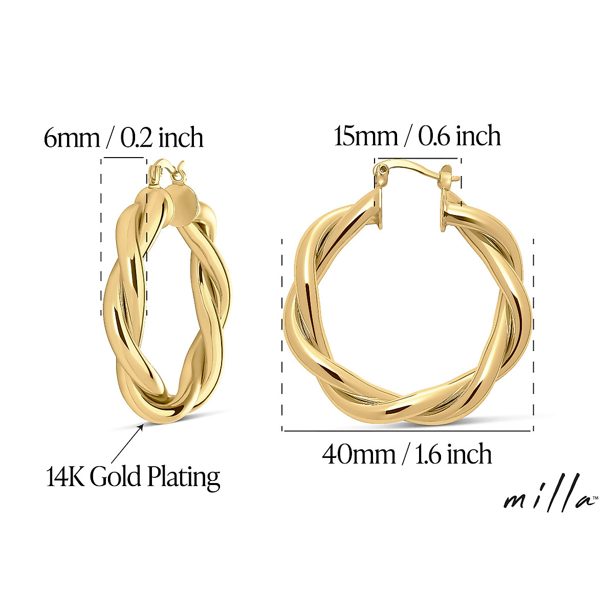 Milla Gold Twist Earrings - Thick Silver Hoop Earrings for Women - Big Chunky 14K Gold Statement Earrings (40 mm - 1.6 in)