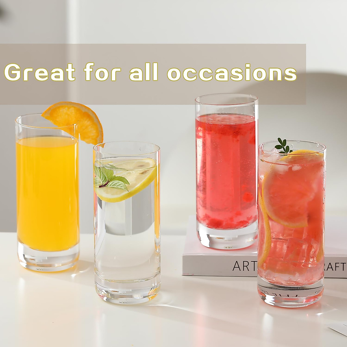 Wlasss Drinking Glasses Set of 6, 13oz Crystal Highball Glasses, Clear Tall Glass Cups,Water Glass for Kitchen, Beer, Juice, Whiskey,Mojito Cocktail Glasses for Bar Glassware