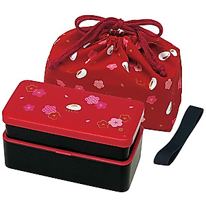 Japanese Traditional Rabbit Blossom Bento Box Set - Square 2 Tier Bento Box, Rice Ball Press, Bento Bag (Red)
