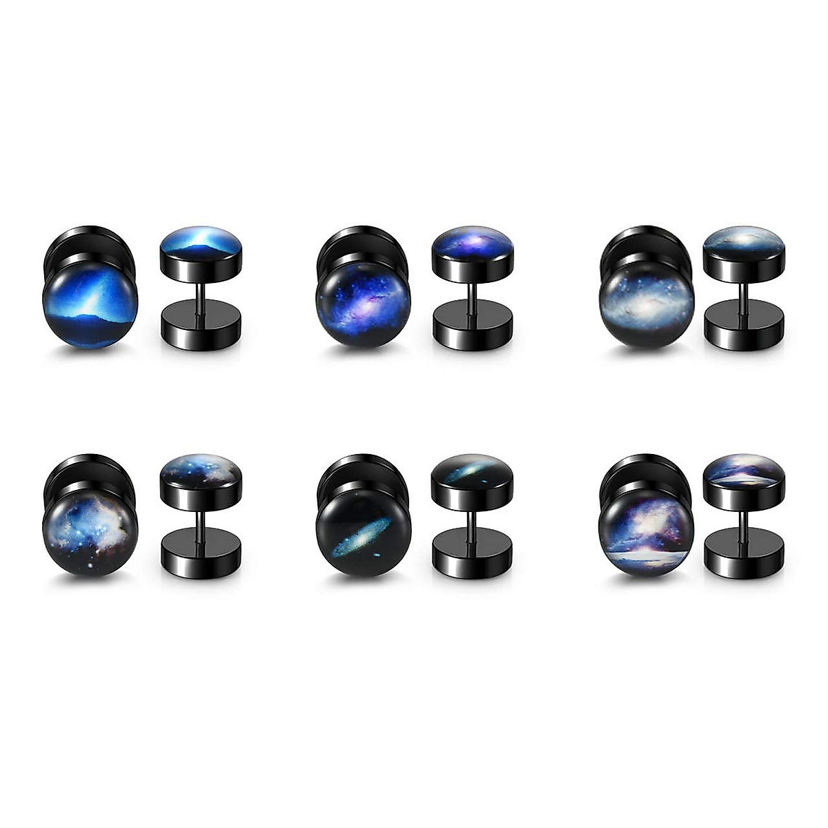 PiercingJ 6 Pairs Faux Gauges Earrings 18G Solar System Galaxy Universe Stainless Steel Stud Barbell 00G Cheater Fake Ear Plugs Illusion Tunnel Piercing Stud Screw Earrings