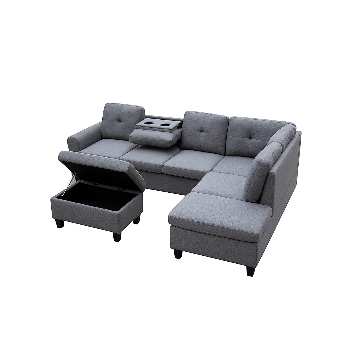 DHHU Sectional Sofa, L-Shaped Couch with 2 Cup Holder, Modular Sofá with Extra Wide Chaise Lounge, Living Room Furniture Sets with Storage Ottoman for Home Office, Apartment