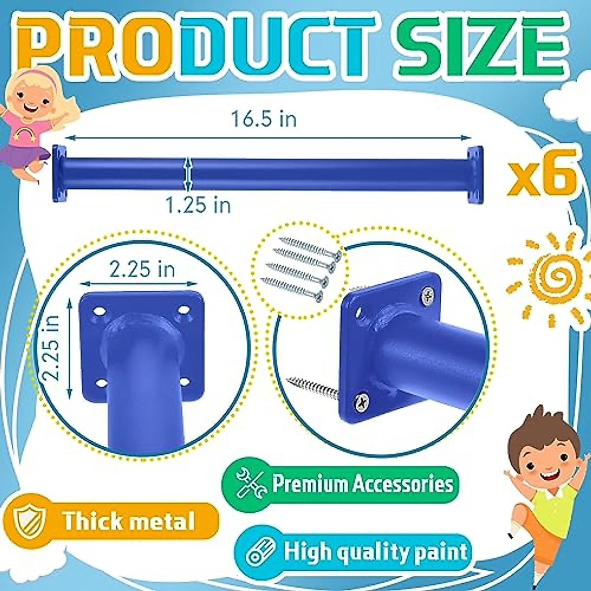 Set of 6 Monkey Bars Ladder Rungs Playground Sets for Backyards Steel Swing Set Accessories Playground Equipment Outdoor Climbing Kits for Children Outdoor Indoor Playroom Supplies (Blue,16.5 Inch)