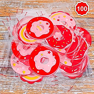 Konsait 100Count Donuts Cookie Candy Treat Bags Self-Adhesive Sweets Biscuit Dessert Bags Plastic Bags Packaging Donuts Cellophane Gift Goody Bags for Children's Day Party Favors Supplies