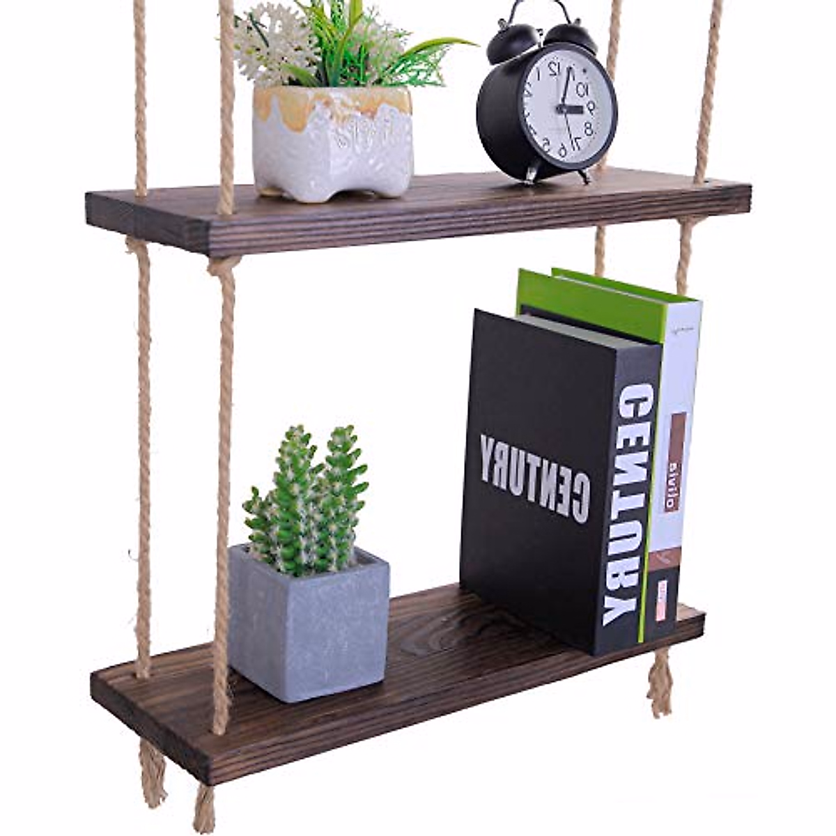 HXSWY Rustic Rope Hanging Shelves for Wall Wood Window Plant Shelf Indoor 3 Tier Dark Brown
