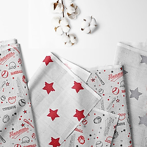 Bacati - Muslin Sports 4 Piece Boys Toddler Bedding Set 100 Percent Cotton Includes Reversible Comforter, Fitted Sheet, Top Sheet, and Pillow Case (4 pc Toddler Bedding Set, Baseball Red/Grey)