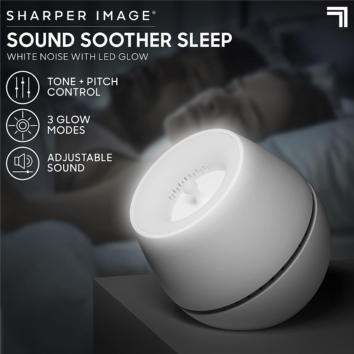 SHARPER IMAGE Sound Soother White Noise Machine, Night Light with 3 Glow Modes, Portable Sleep Therapy for Babies & Adults, Adjustable Pitch & Tone, Meditation, Relaxation, Stress Relief