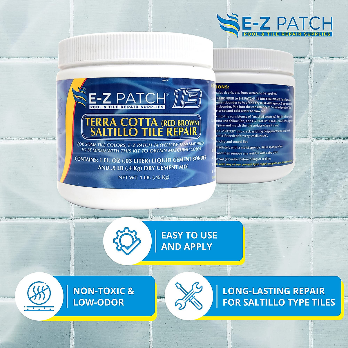 E-Z Patch 13 Saltillo Tile Repair Kit - DIY TerraCotta Tile Filler - (Red-Brown, 1 Pound)