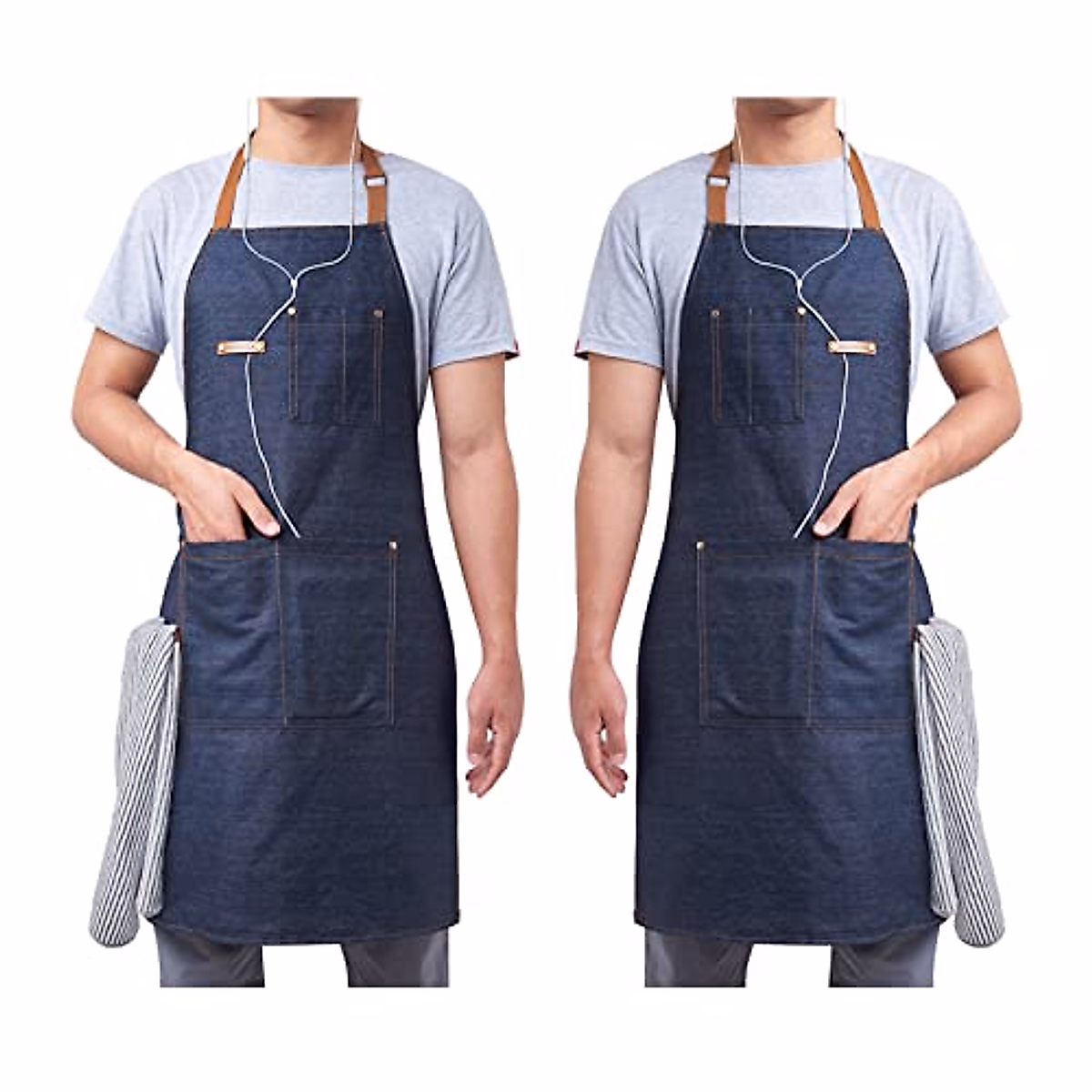 KPD 2 Pack Blue Unisex Adjustable Bib Denim Apron for Family Chef, Kitchen, BBQ and Studio,Cooking Apron for Kitchen and Home