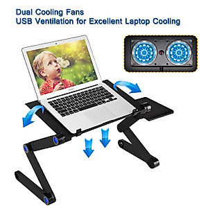 Laptop Table, Adjustable Laptop Bed Table, Laptop Computer Stand, Portable Laptop Workstation Notebook Stand Reading Holder with Large CPU Cooling Fan and Mouse Pad in Bed Couch Office Sofa