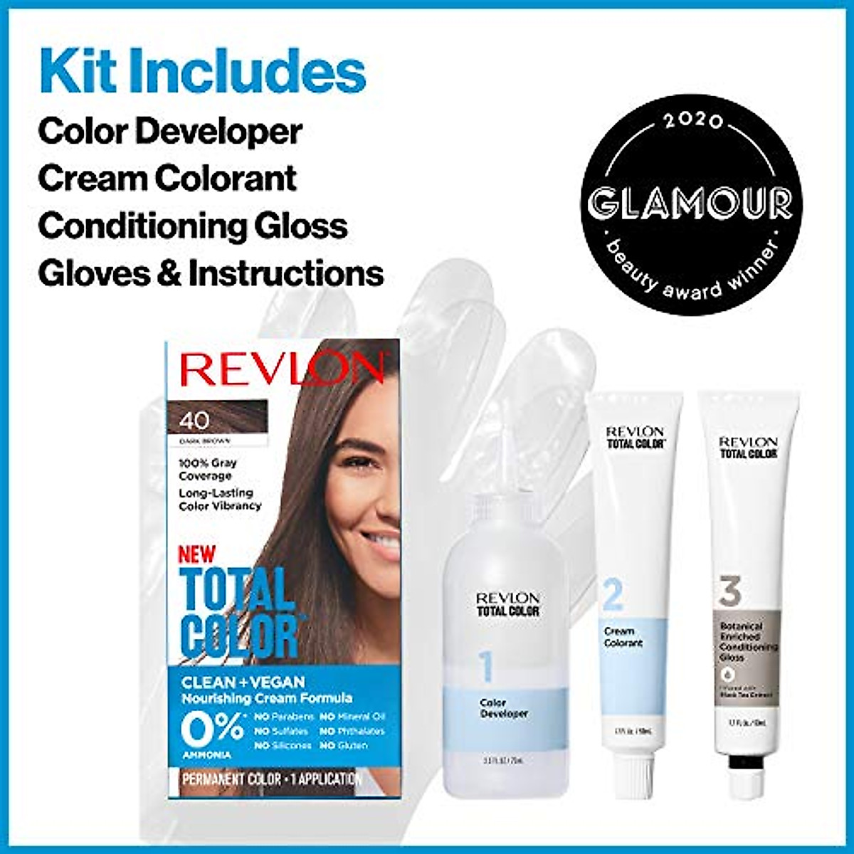 Revlon Permanent Hair Color, Permanent Hair Dye, Total Color with 100% Gray Coverage, Clean & Vegan, 30 Darkest Brown, 10.2 Oz (Pack of 3)