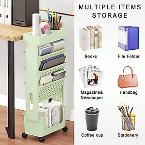 YEMUNY 5 Tier Rolling Utility Cart Multi-Functional Movable Storage Book Shelves with Lockable Casters for Study Office Kitchen Classroom, Light Green