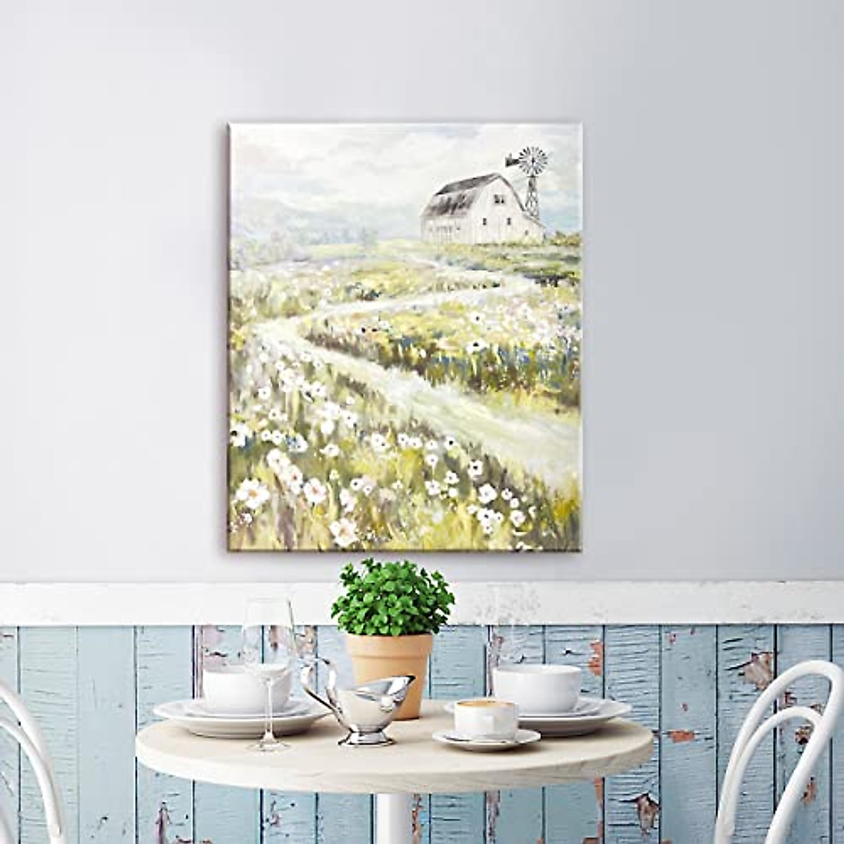 Hi.I.U.88 Rustic Wall Decor Old White Barn Canvas Art Painting with Windmill Bathroom Deco Pictures for Farmhouse Bedroom Framed Ready to Hang (Green, 12X15In), 12X15In