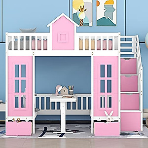 Polibi Full-Over-Full Bunk Bed with Storage Staircase and Changeable Table, Full Bunk Bed Turn into Upper Bed and Down Desk with 2 Drawers, Pink