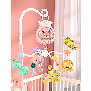 BSROLUNA Baby Crib Mobile with Music and Lights, Baby Mobile for Crib with Remote Control, Hanging Rotating Animal Rattles, 50 Songs and Timing Function, Cartoon Baby Crib Toys for Girls (Baby Pink)
