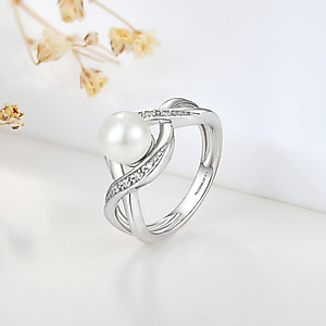 JO WISDOM Women Pearl Ring,925 Sterling Silver Cubic Zirconia Infinity Pearl Ring with 7mm Round White Pearl Ring size 8
