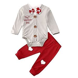 Bowanadacles Newborn infant baby boy clothes my 1st valentine day 3Pcs outfit long sleeve romper onesie heart pants (White+Gray+Red, 6-12 months)