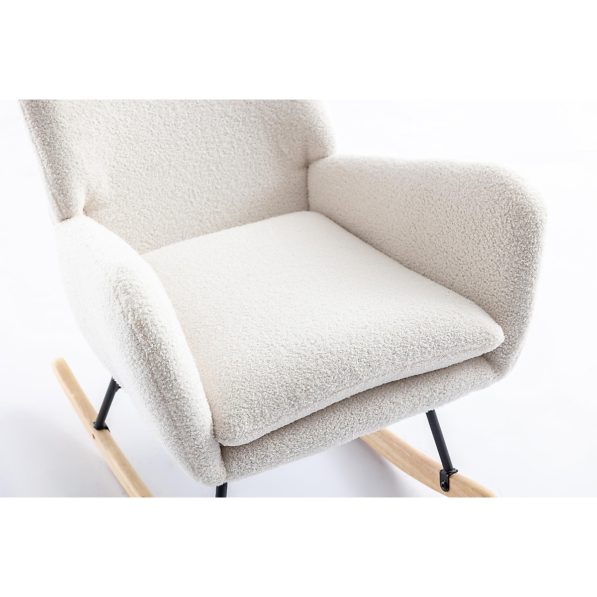 Lepfun 35.5 inch Casual, Soft Teddy Velvet Fabric Rocking Chair for Nursery,Comfy Wingback Glider Rocker with Safe Solid Wood Base for Living Room Bedroom and Balcony,White