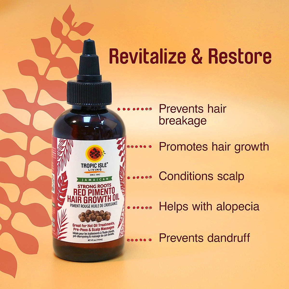 Tropical Isle Living Strong Roots Red Pimento Hair Growth Oil 4oz - Natural Moisturizing Treatment for Itchy, Dry Scalp and Promote Hair Growth, Prevent Dundruffs with Jamaican Black Castor Oil