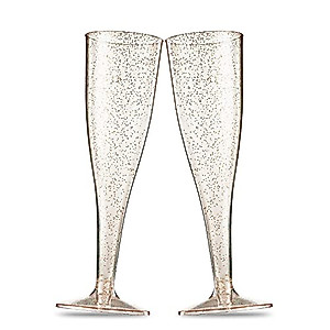 50 Plastic Champagne Flutes - Disposable Champagne Flute - Gold Glitter Plastic Champagne Glasses for Parties, Mimosa Bar, Events, Wedding and Shower Party Supplies - Toasting Cocktail Cups