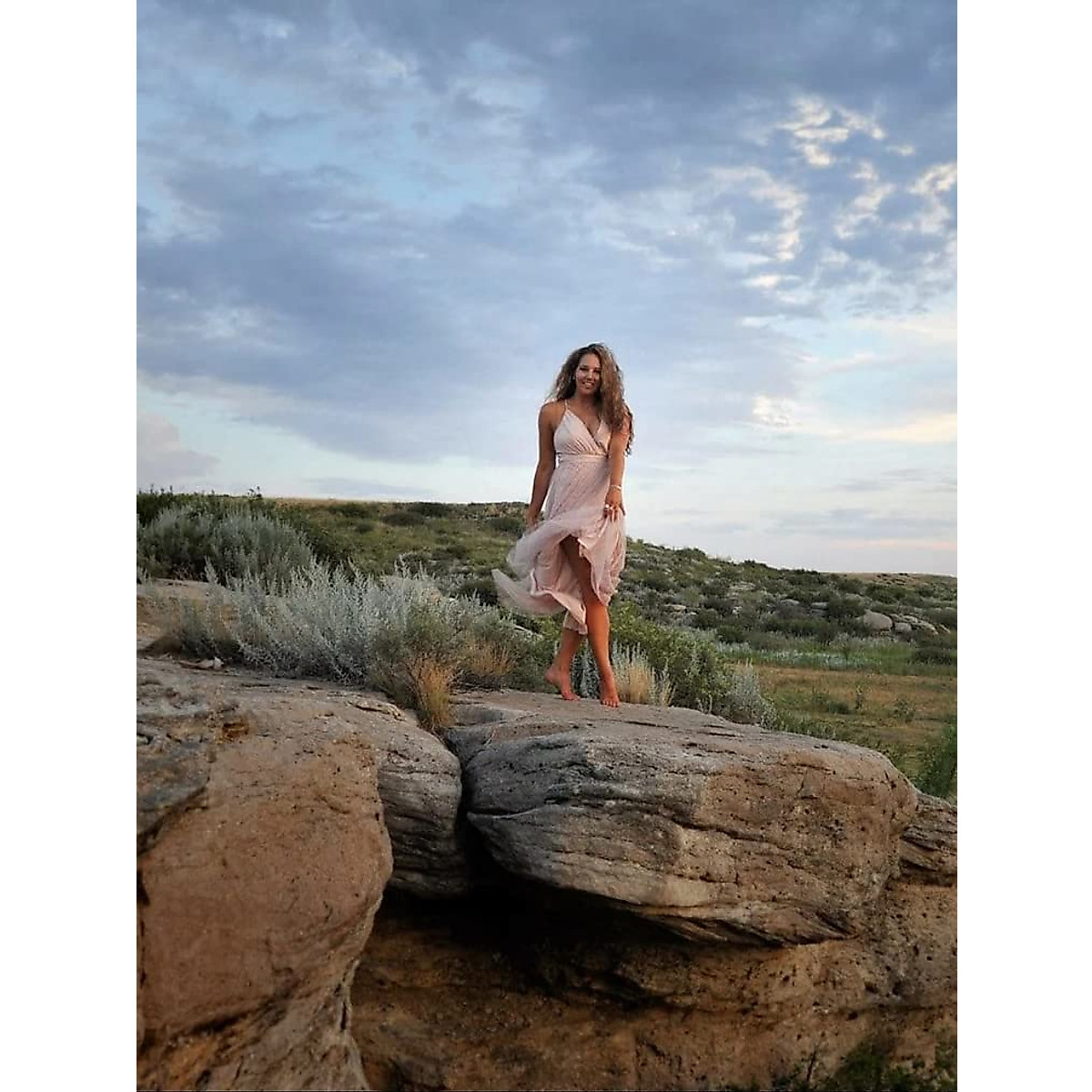 XXTAXN Women's Sexy Deep V Neck Split Cocktail Party Formal Bridesmaid Maxi Dress Pink