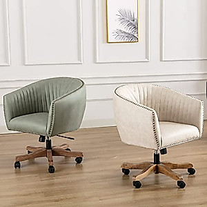 QUINJAY Green Faux Leather Home Office Desk Chair, Upholstered Barrel Swivel Adjustable Arm Desk Chair with Nailheads, Comfy Mid-Back Study Chair with Silent Wheel for Study Office Computer