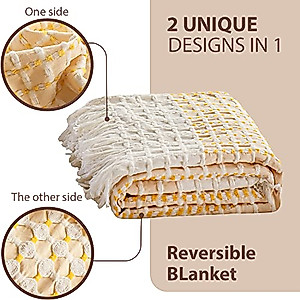 Simple&Opulence 100% Cotton Throw Blanket for Bed, Couch, Yarn Dyed Cable Knitted Jacquard Woven Blanket with Tassels, Soft Lightweight Cozy Breathable Farmhouse Decoration for All-Season(Yellow)