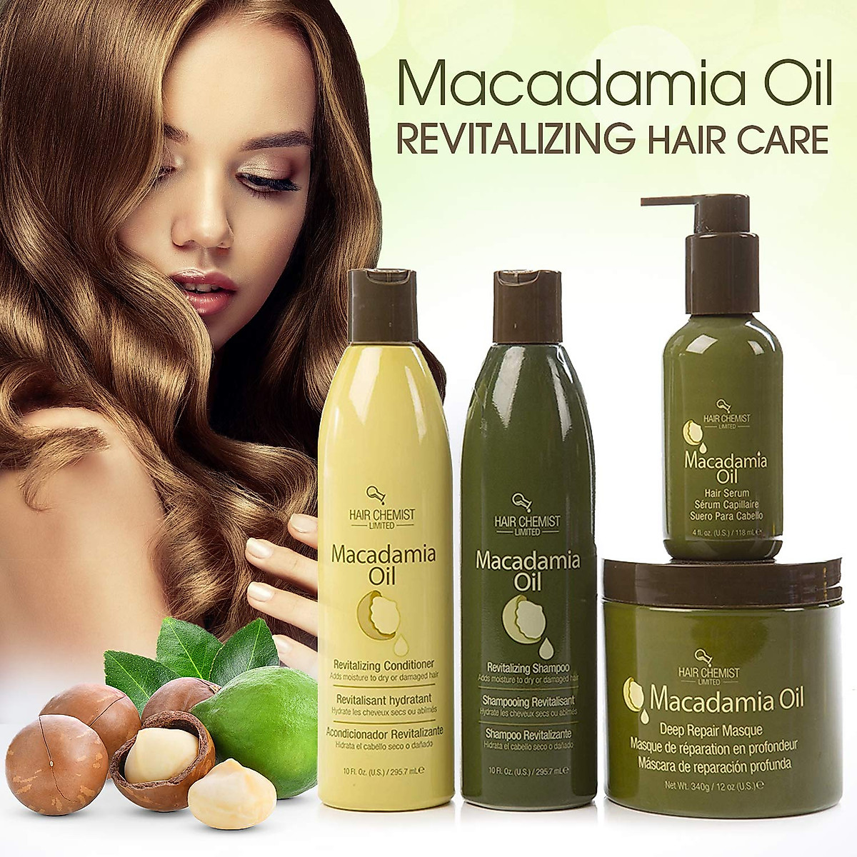 Hair Chemist Macadamia Oil Revitalizing Combo Shampoo 10 ounce and Conditioner 10 ounce and Deep Repair Masque 8 ounce and Hair Serum 4 ounce