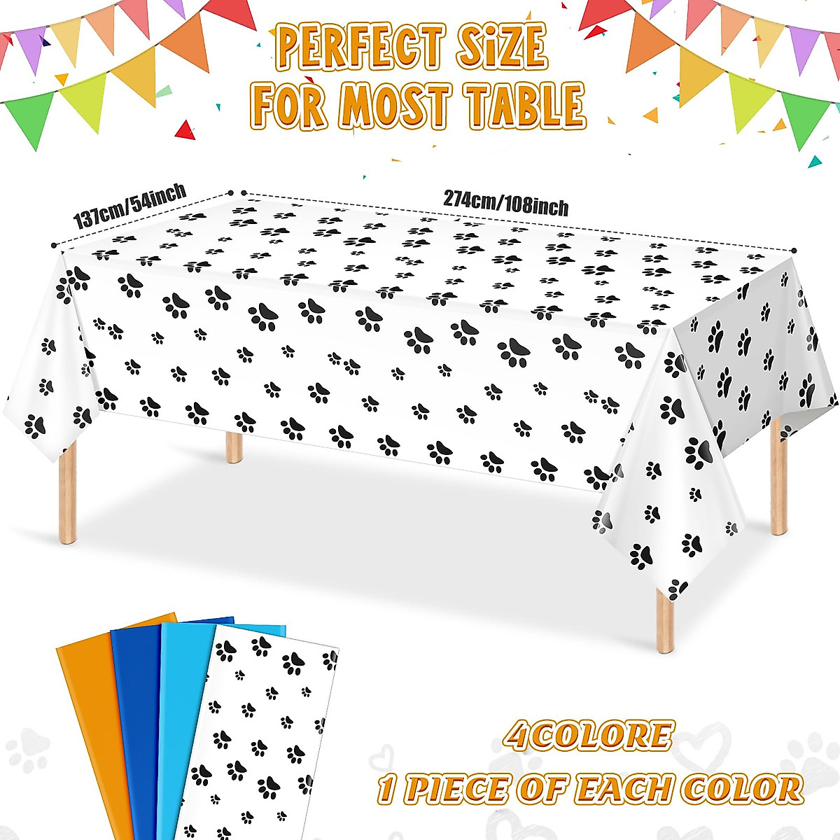 MASHAN 4 Pack Paw Print Plastic Tablecloths,Blue Orange Puppy Table Cloth Disposable Rectangle Table Covers for Kids Birthday Party, Dog Puppy Birthday Party Decorations and Supplies, 108 * 54inch