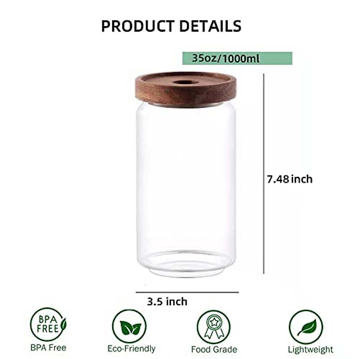 UKYLIN Glass Jar with Wood Lid, Airtight Glass Food Jar Canister, Clear Kitchen Food Storage Containers for Flour, Sugar, Coffee Beans, Candy, Snack, Cookie and More (1000ml 35 FL OZ)