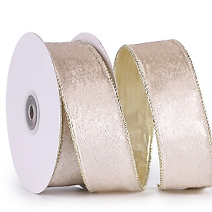 DINDOSAL Champagne Gold Velvet Ribbon Wired 1.5" x 10 Yards Champagne Christmas Wired Ribbon with Gold Back Tree Ribbon for Wreaths and Garlands, Topper Bows, Crafts, Home Decor, Gift Wrapping