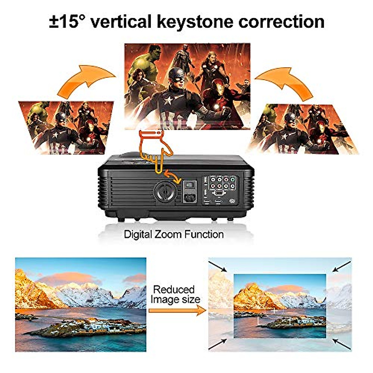 Digital Phone Projector, 7500lm 1080p Full HD Projector with HDMI, USB, VGA Multimedia HD Video Projector for Movie Night TV Gaming Drawing Party Gift, Keystone, Zoom, Home Outdoor Theater Proyector