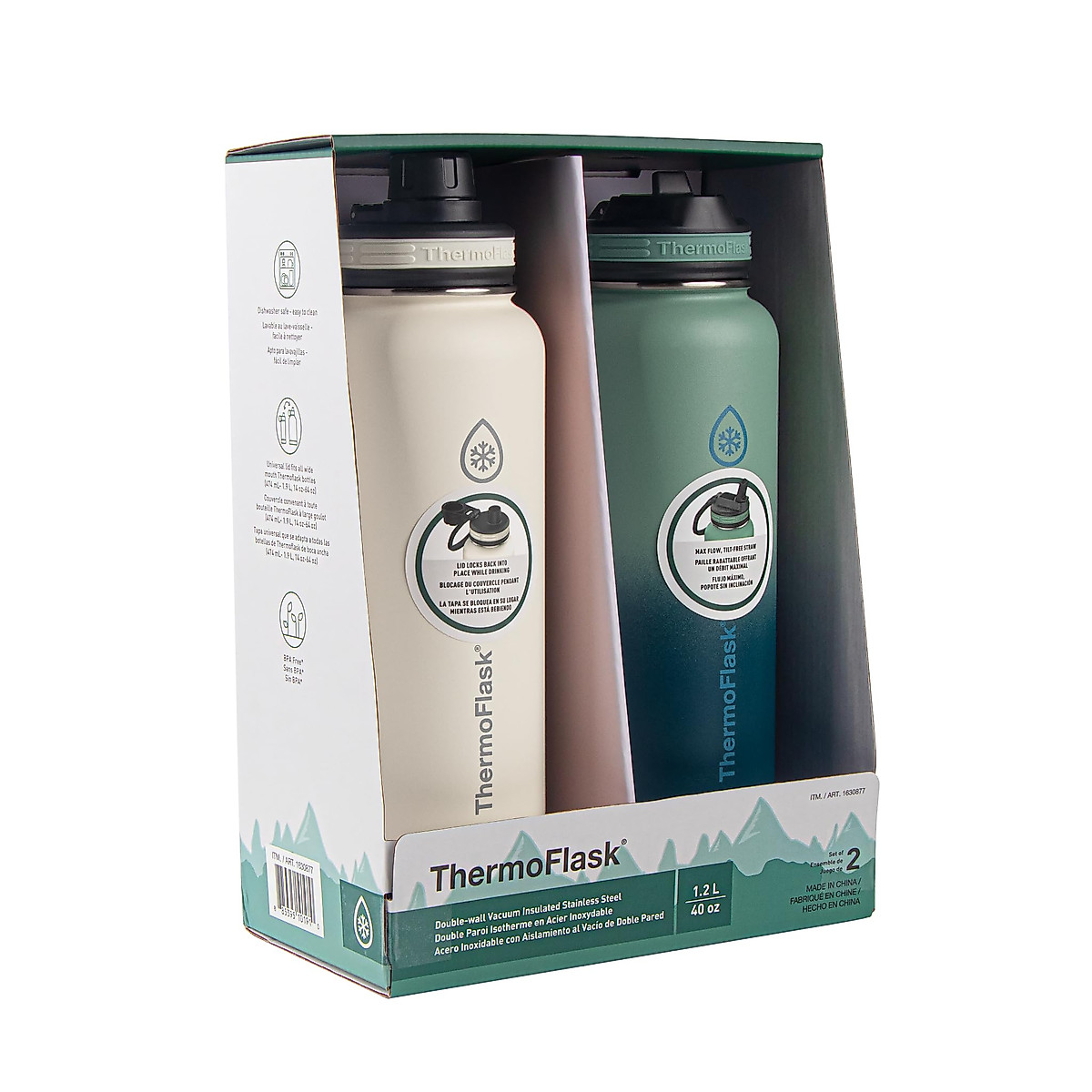 Thermoflask 40oz Stainless Steel Insulated Water Bottles with Straw and Spout Lids, 2-pack, Off White/Glade Green