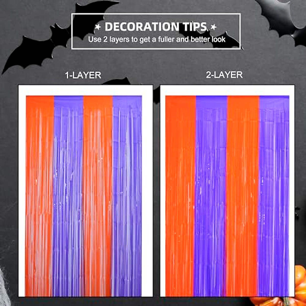 Mega-L Halloween Party Decorations, 2 Packs Orange Purple Photo Booth Props, 3.3 x 6.6 ft Halloween Foil Fringe Curtains with Bats, Photo Backdrop Streamers Halloween Party Supplies