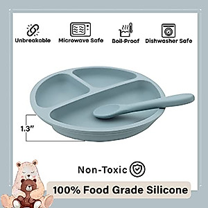 RQ Brothers Suction Plates for Baby - First Meal Silicone Baby Feeding Set with Spoon Baby Plates with Suction BPA Free Silicone Plates for Baby Divided Design Baby Plates (Dusty Blue)