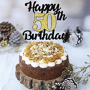 LVEUD happy birthday cake topper Black Font Golden Numbers 50th birthday happy Cake Topper -Birthday Party Decorations (50th)