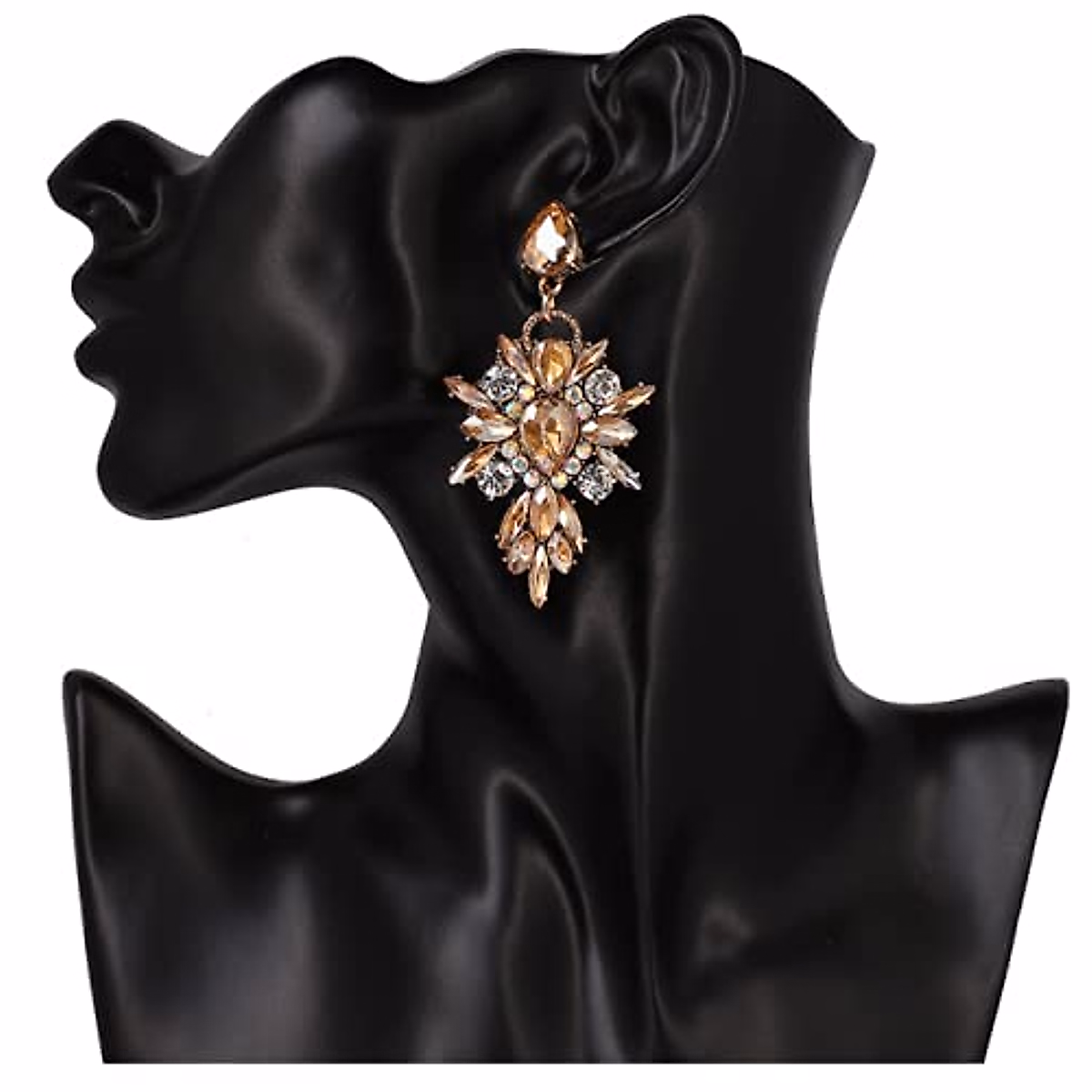 Extra LARGE Antique Retro Art Deco Vintage Style Citrine Amber Champagne Topaz Chunky Statement Rhinestone Pageant Drag Queen Bridal Prom Wedding Earrings