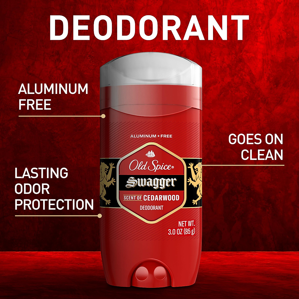 Old Spice Aluminum Free Deodorant for Men, 24/7 Odor Protection, 24/7 Lasting Freshness, Red Collection, Swagger with Cedarwood Scent, 3.8 oz (Pack of 3)